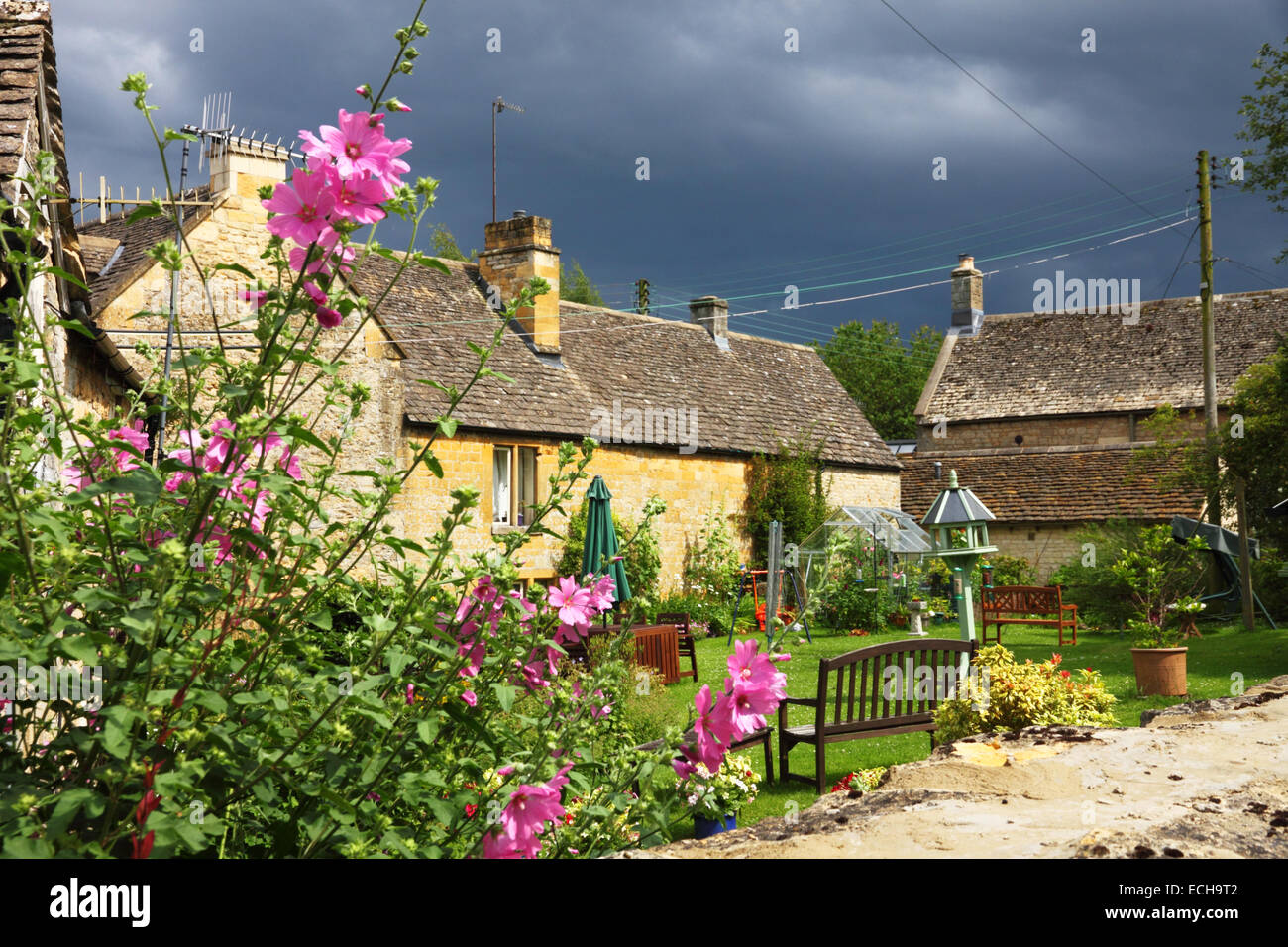 Cotswold stone cottages with magenta flowers and a bench in the garden ...