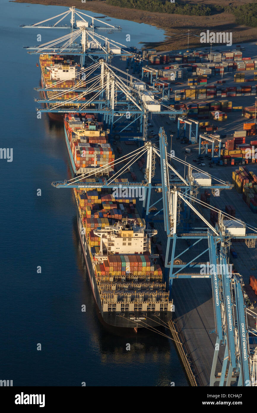Aerial view of ships in the Wando Welch shipping container port in Mt ...