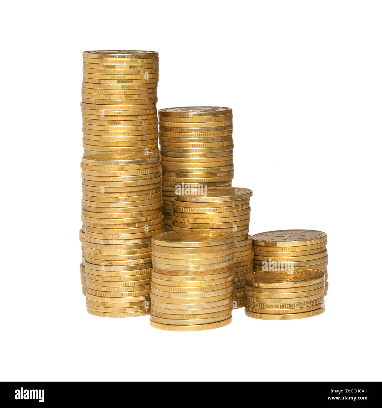 Column of golden coins isolated on white Stock Photo - Alamy
