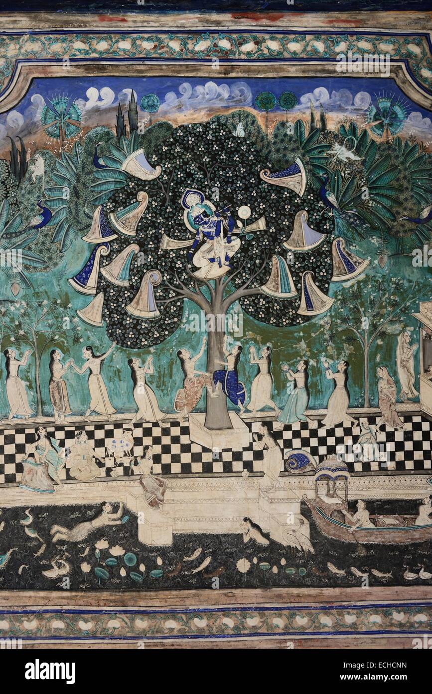 India, Rajasthan, Mewar Region, village of Bundi, wall painting in the ...