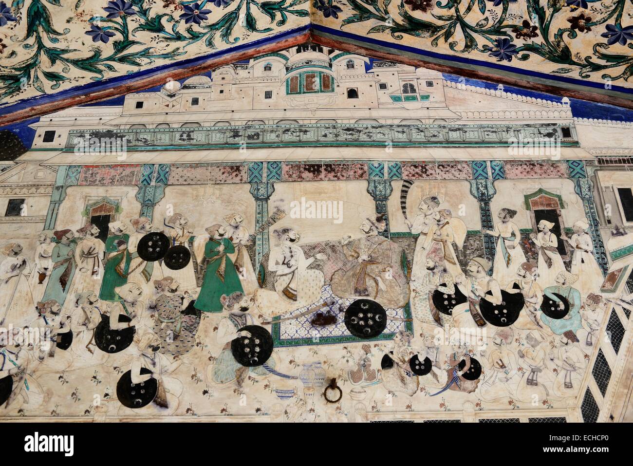 India, Rajasthan, Mewar Region, village of Bundi, wall painting in the ...