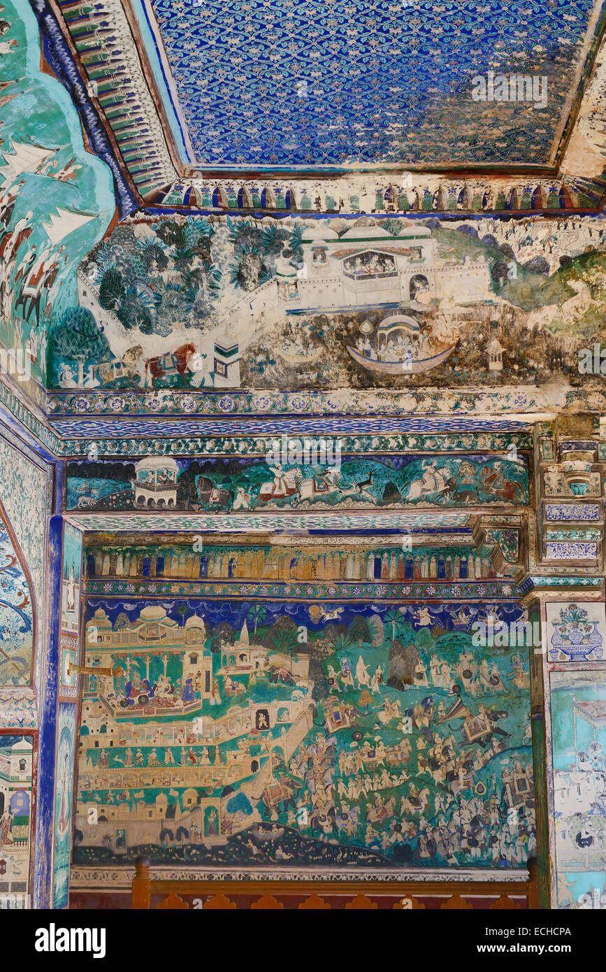 India, Rajasthan, Mewar Region, village of Bundi, wall painting in the ...