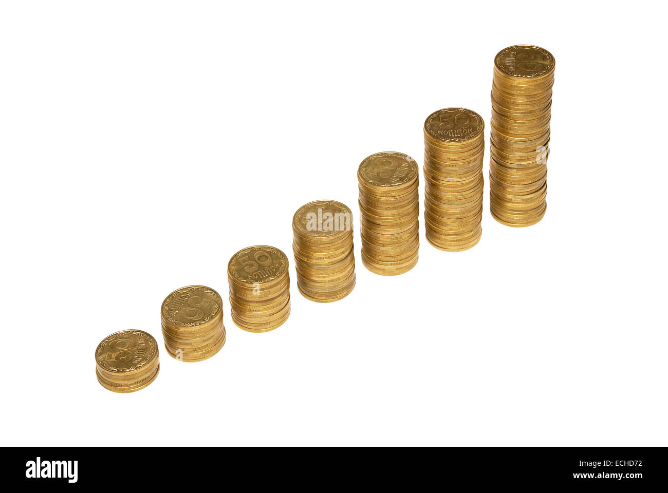 Stair to wealth of golden coins isolated on white Stock Photo - Alamy