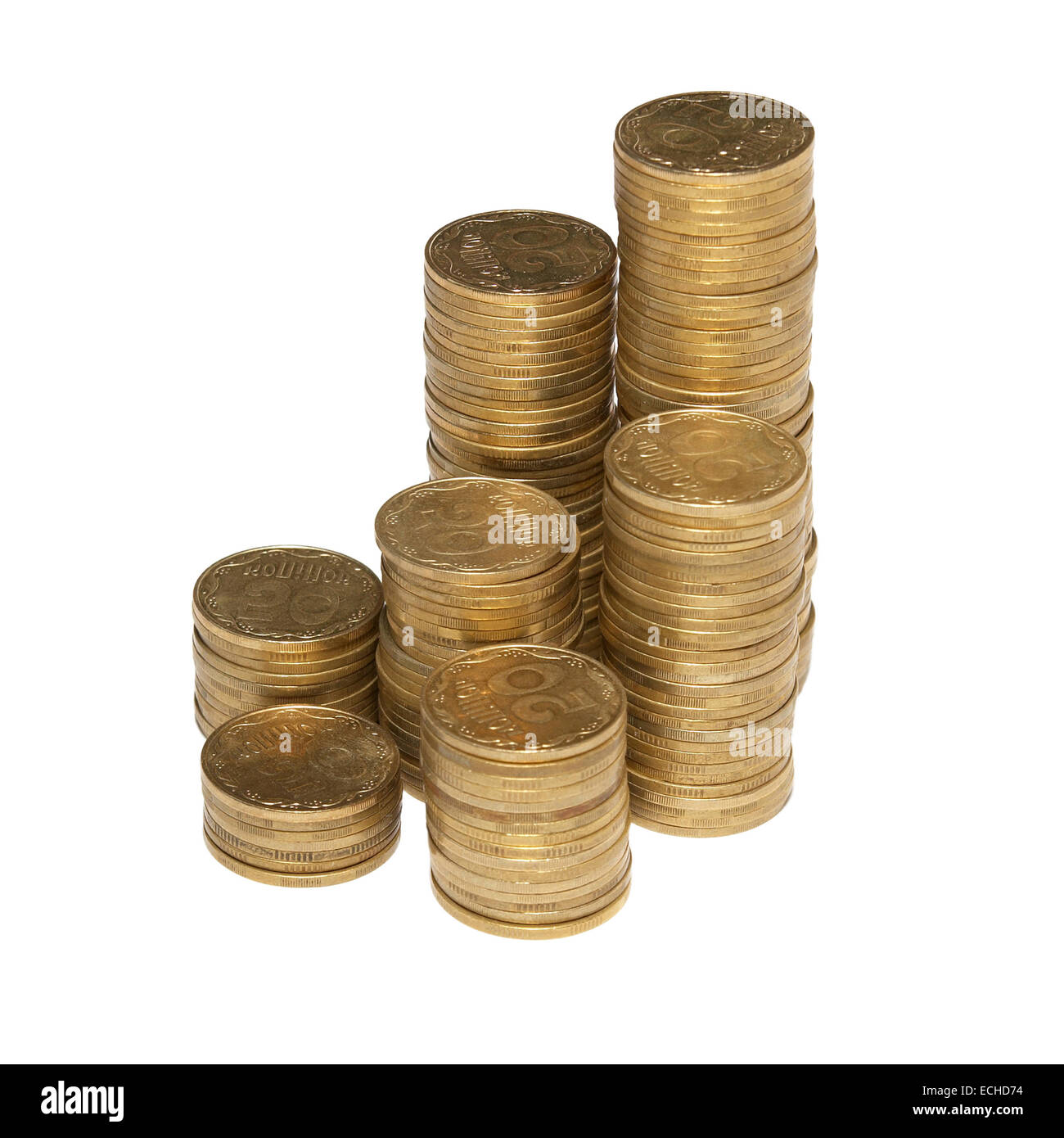 Column of golden coins isolated on white Stock Photo - Alamy