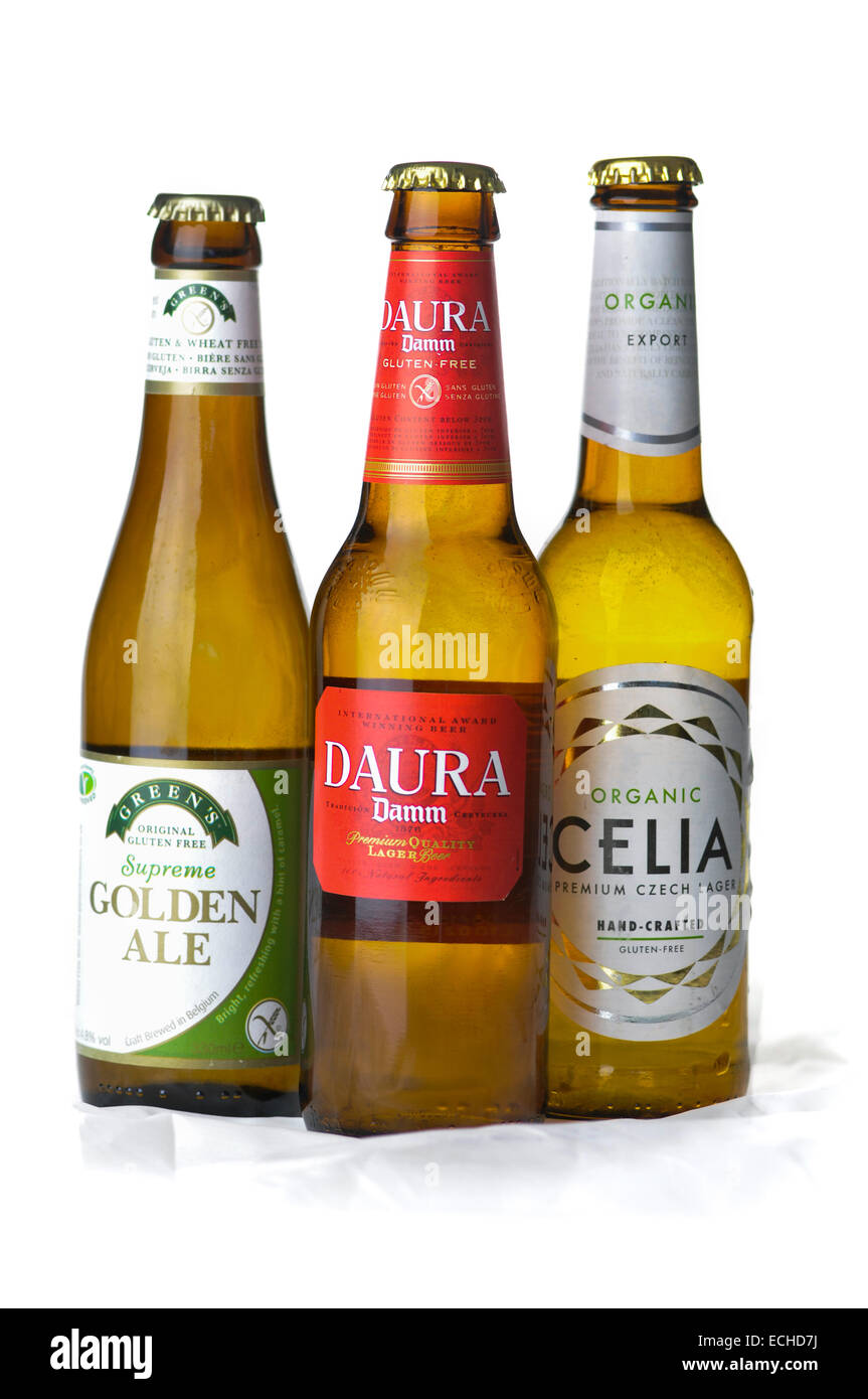 Three bottles of gluten-free beer Damm Daura, Greens Supreme Golden Ale ...