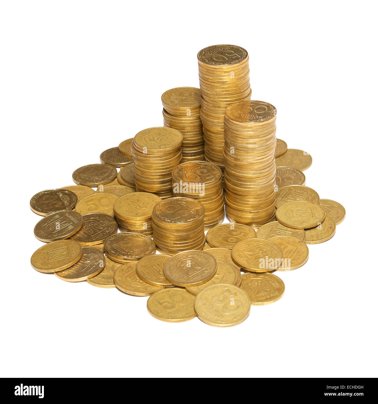 Column of golden coins isolated on white Stock Photo - Alamy