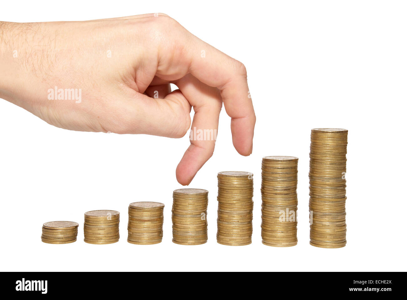 Climbing hand on gold coin staircase isolated on white Stock Photo - Alamy