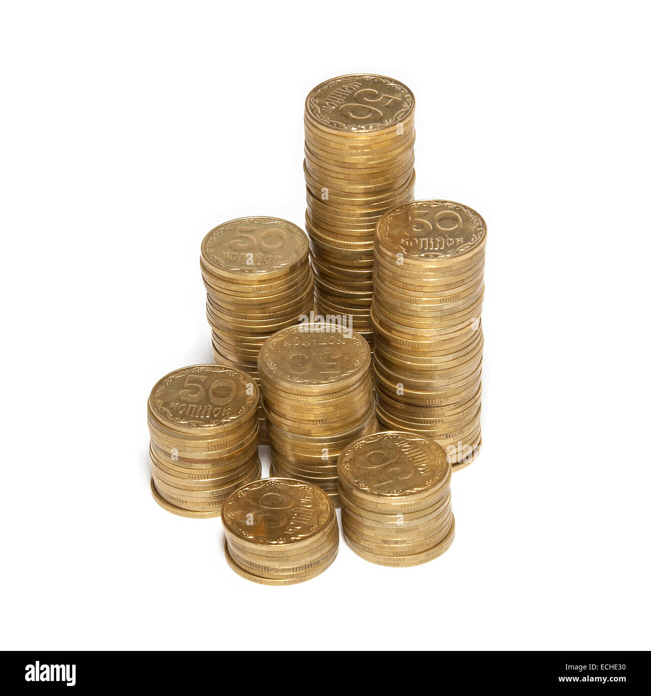 Column of golden coins isolated on white Stock Photo - Alamy