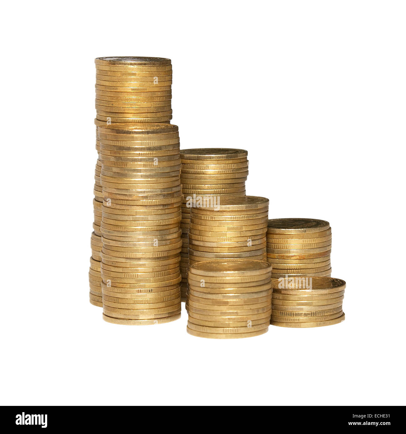 Column of golden coins isolated on white Stock Photo - Alamy