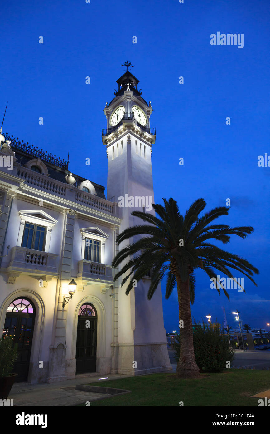 The clock Tower the Port Authority of Valencia Building at dusk Stock ...