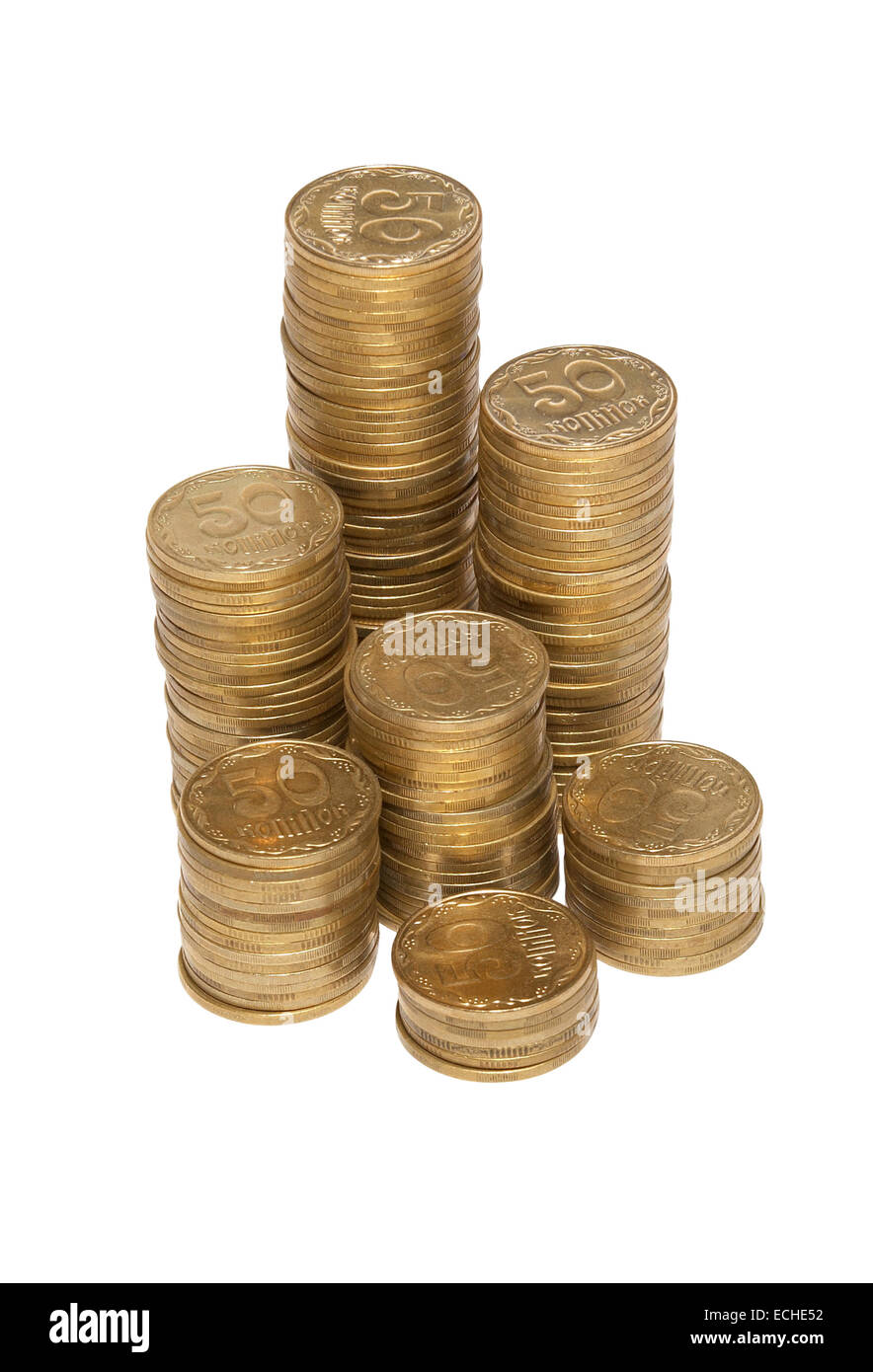 Column of golden coins isolated on white Stock Photo - Alamy