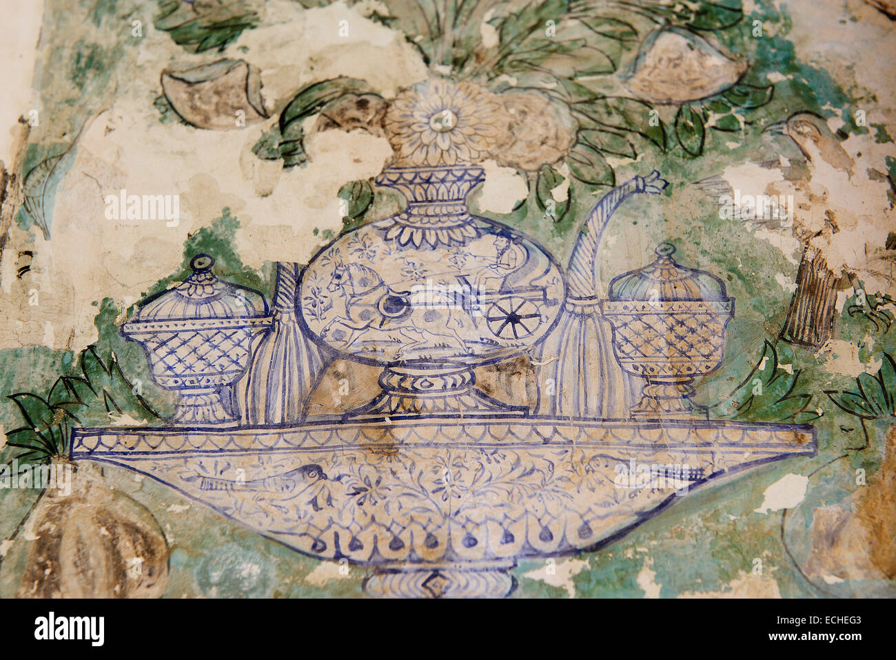 India, Rajasthan, Mewar Region, village of Bundi, wall painting in the ...