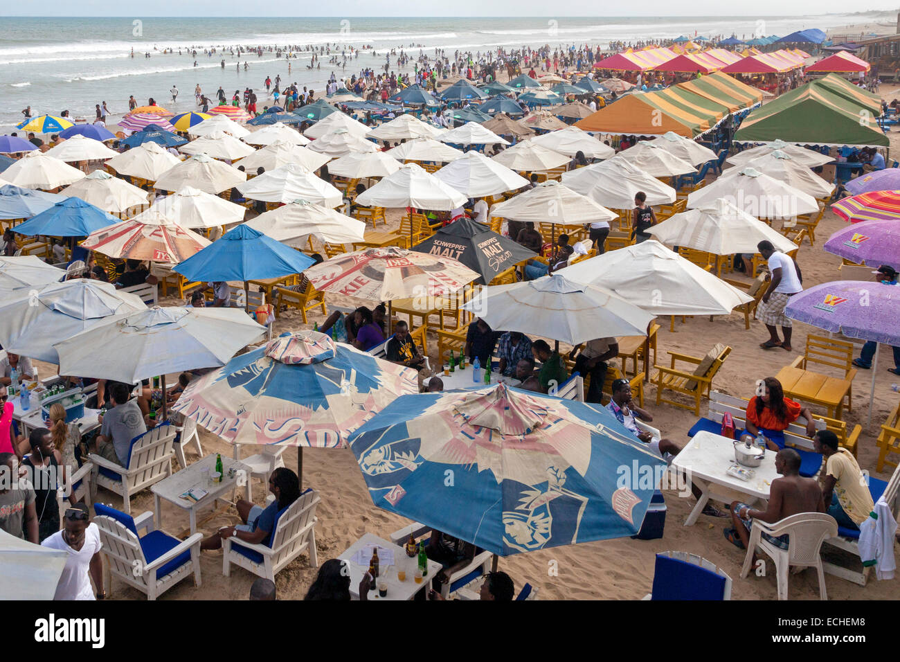 Restaurant and people on Labadi beach, Accra, Ghana, Africa Stock Photo ...