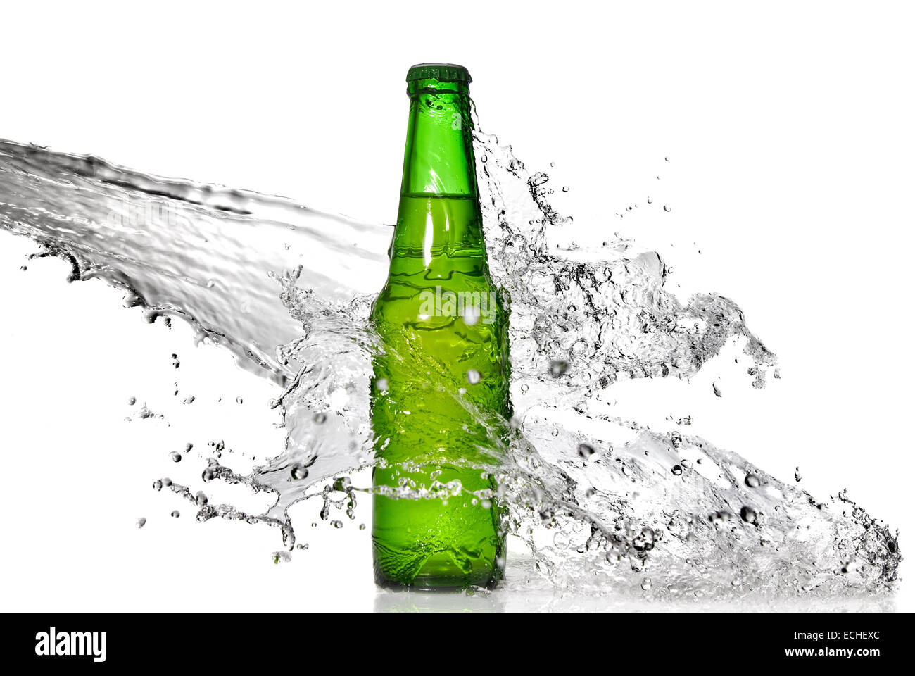 Green beer bottle with water splash isolated on white Stock Photo - Alamy