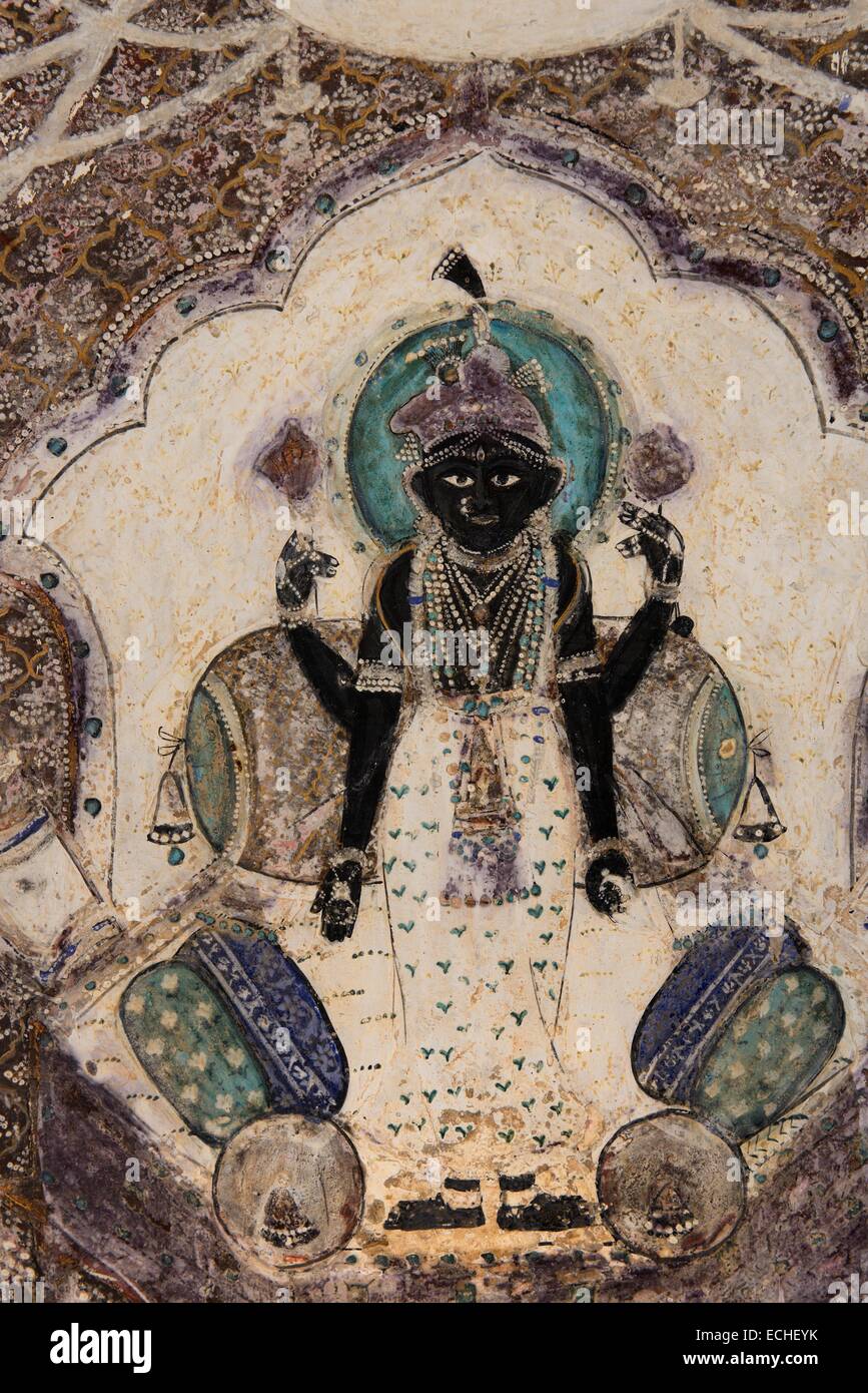 India, Rajasthan, Mewar Region, village of Bundi, wall painting in the ...