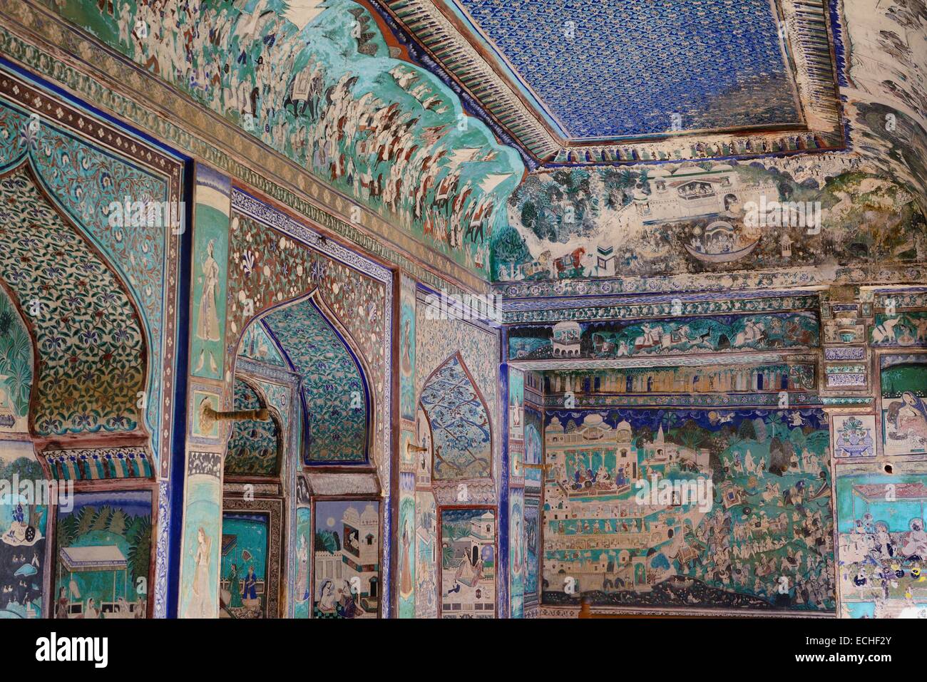 India, Rajasthan, Mewar Region, village of Bundi, wall painting in the ...