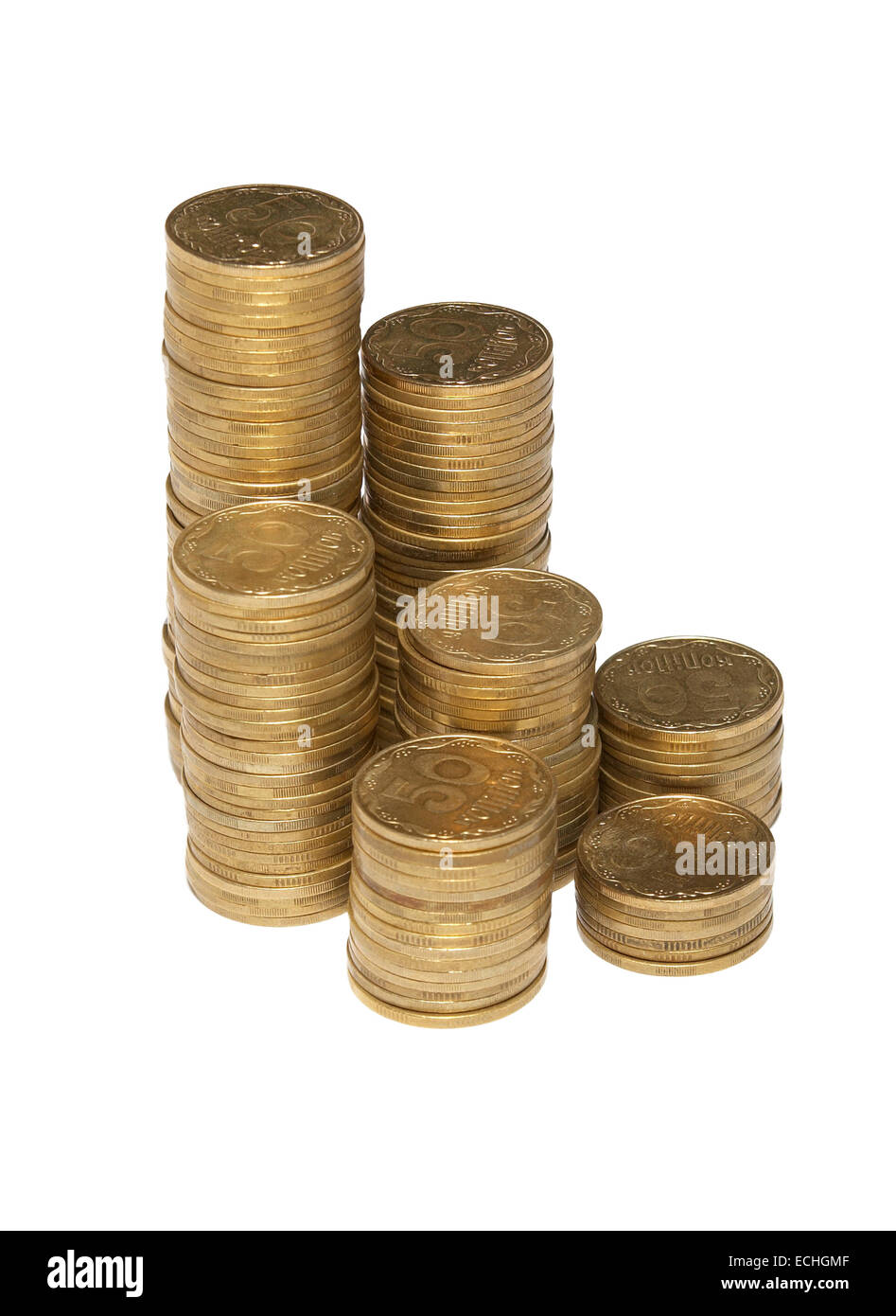 Column of golden coins isolated on white Stock Photo - Alamy