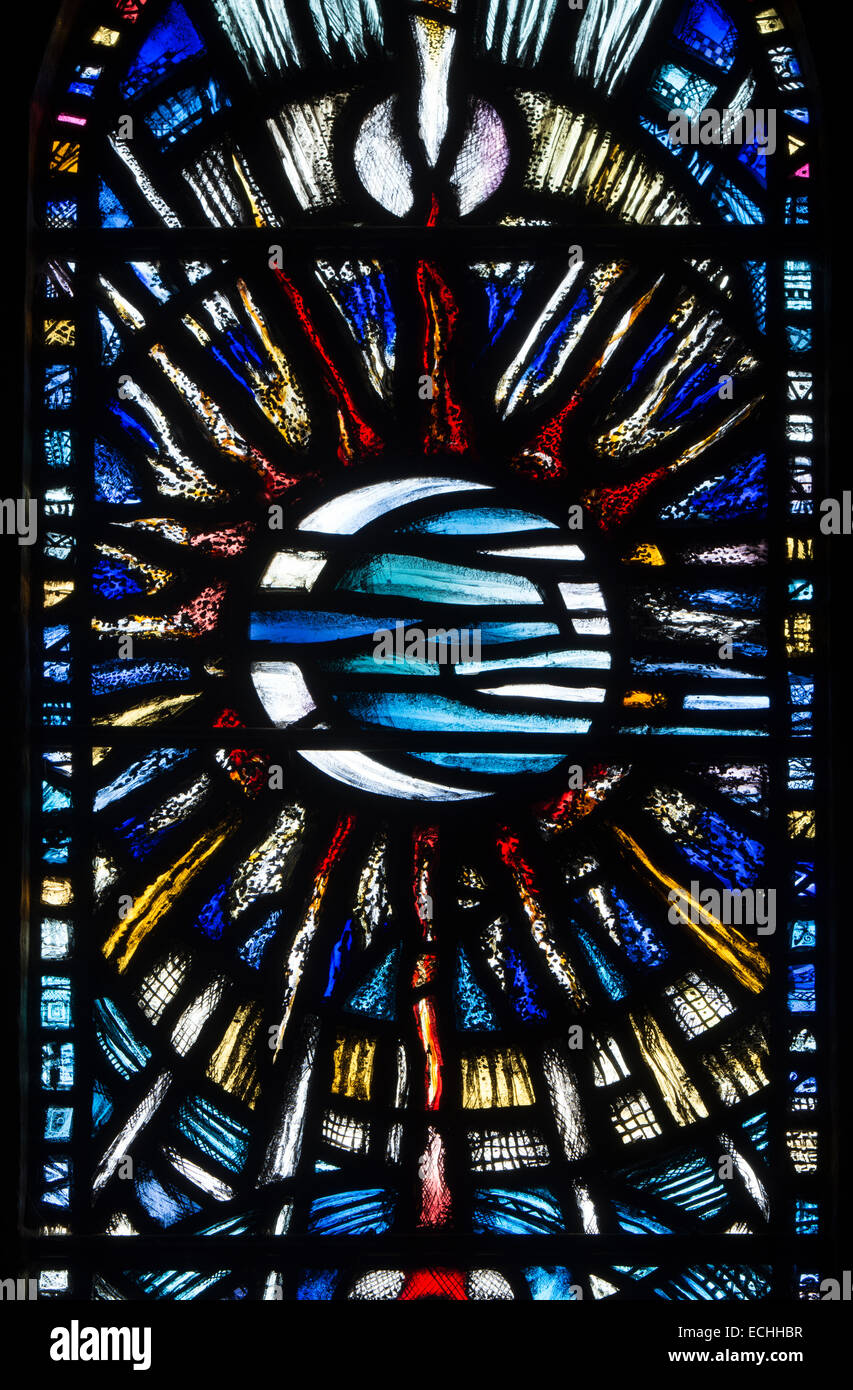Modern stained glass in St. Mary`s Church, Blakesley, Northamptonshire ...