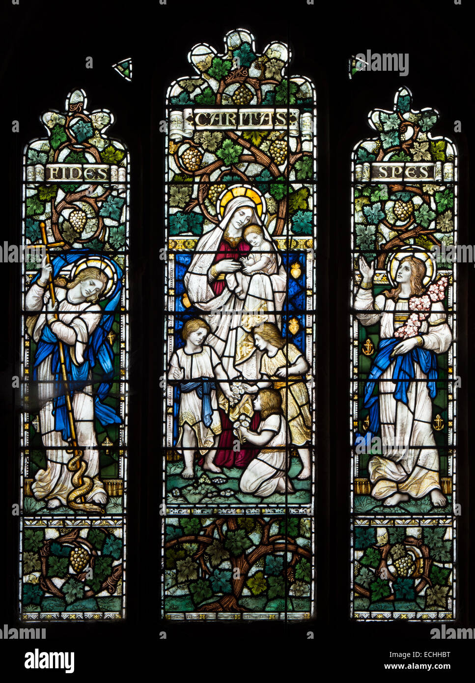 Faith, Charity and Hope stained glass, St. Mary`s Church, Blakesley ...