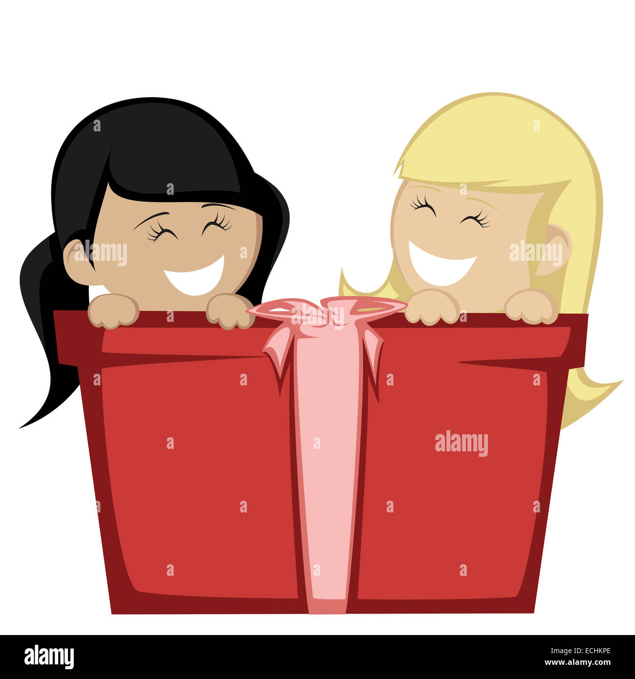 Big box surprise - Two little girl (blonde and black haired) smiling ...