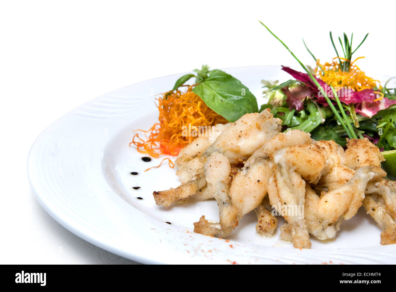 fried frogs legs on the plate isolated on white Stock Photo - Alamy