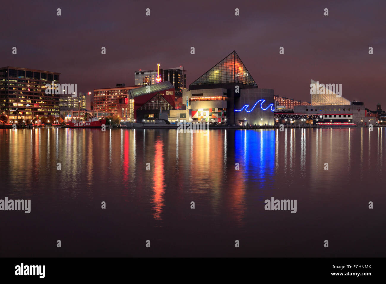 Skyline reflected in Baltimore Inner Harbor Stock Photo - Alamy