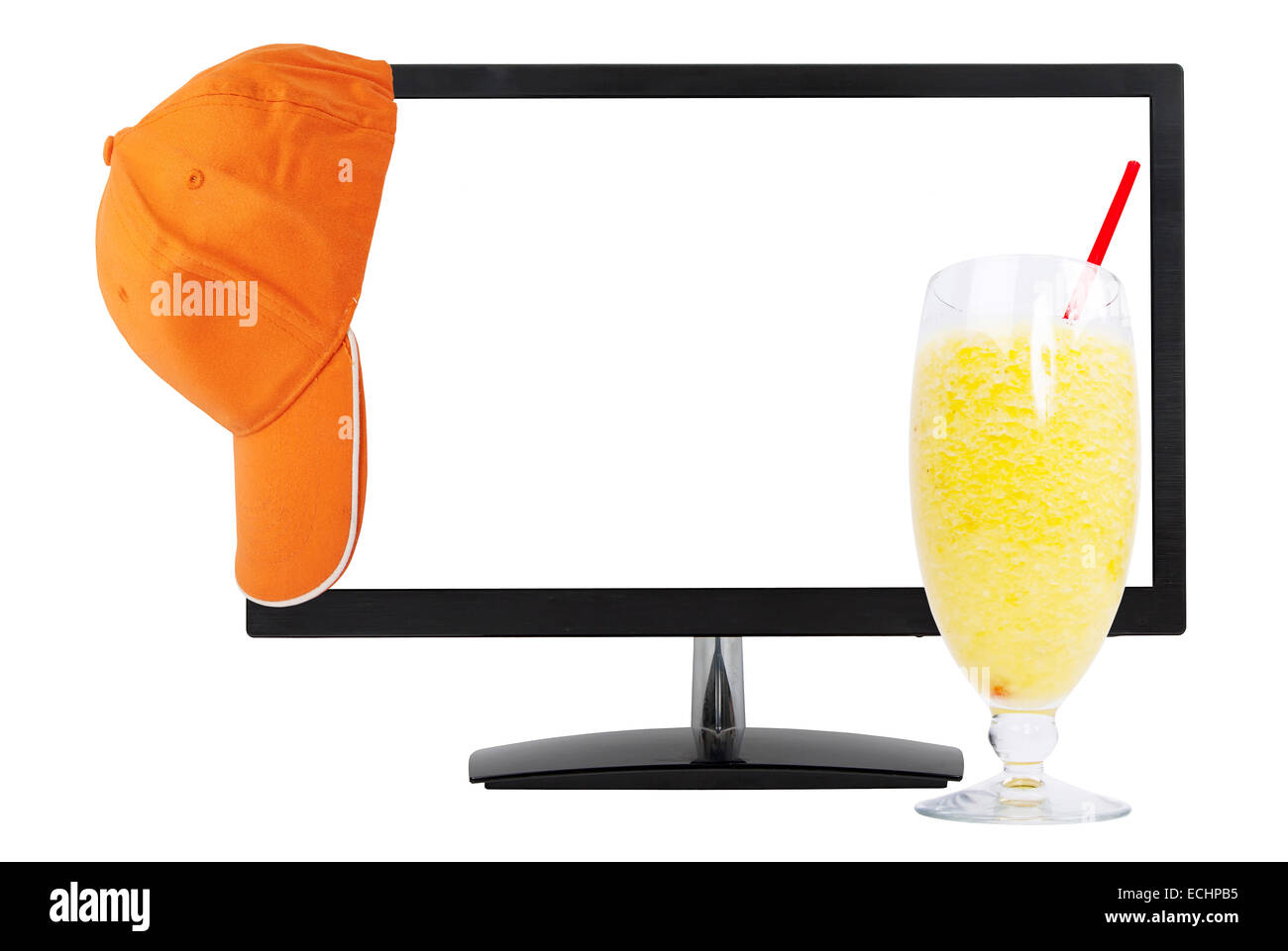 fresh juice, orange cap and computer monitor, isolated on white ...