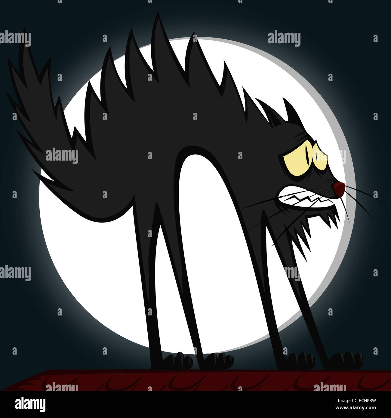 a very scared and pale cartoon tomcat in front of a full moon Stock ...