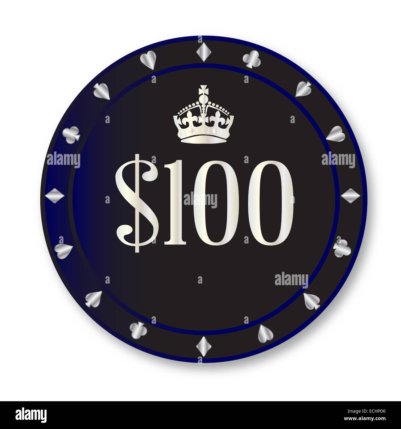 A black one hundred dollar gambling chip over a white background Stock ...