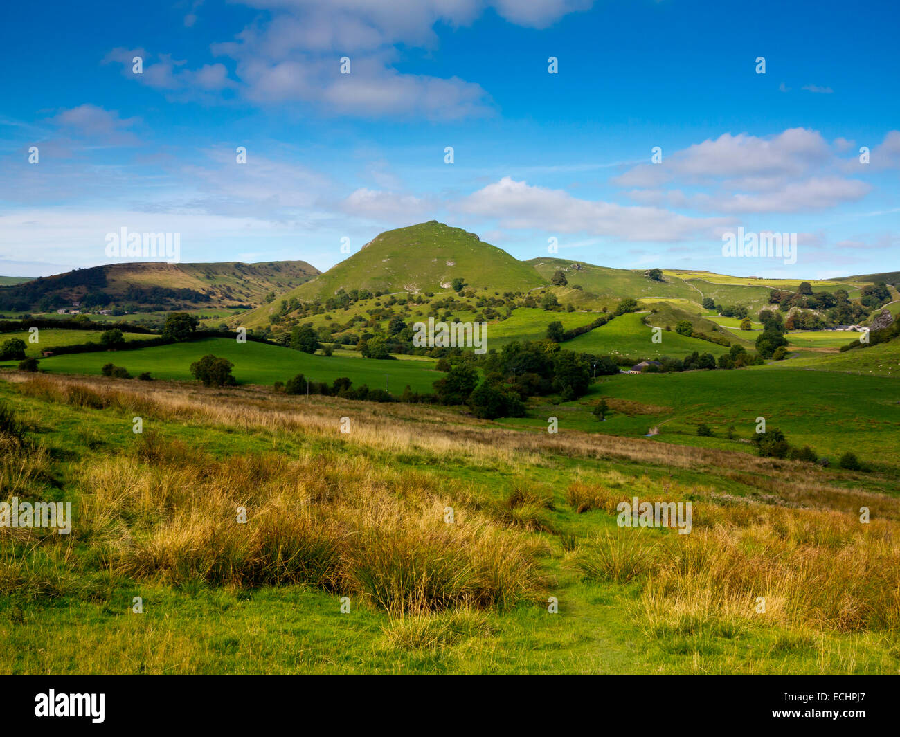 Chrome Hill a limestone reef knoll near Longnor in the Peak District ...
