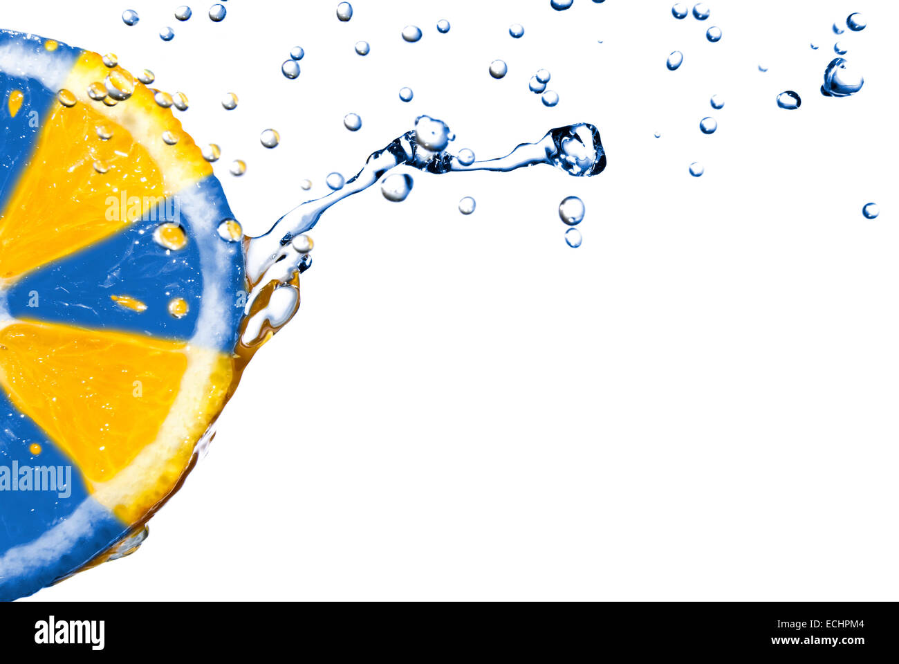 fresh water drops on orange isolated on white with ukranian colors ...