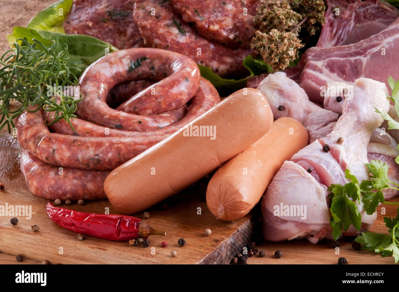 Raw meat mix: steaks, poultry, sausages, pork, chopped, minced Stock ...