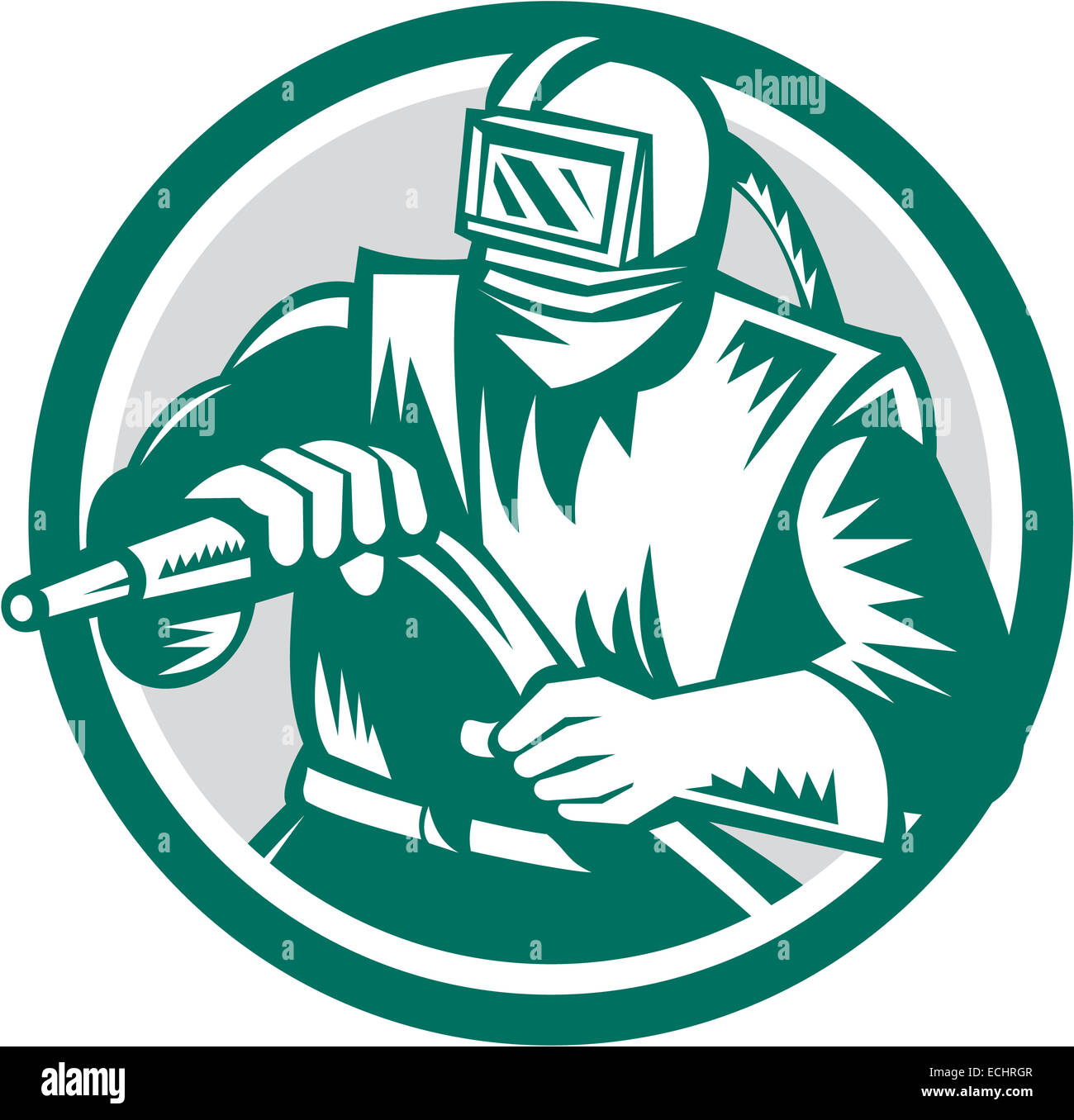 Illustration of a sandblaster worker holding sandblasting hose wearing ...