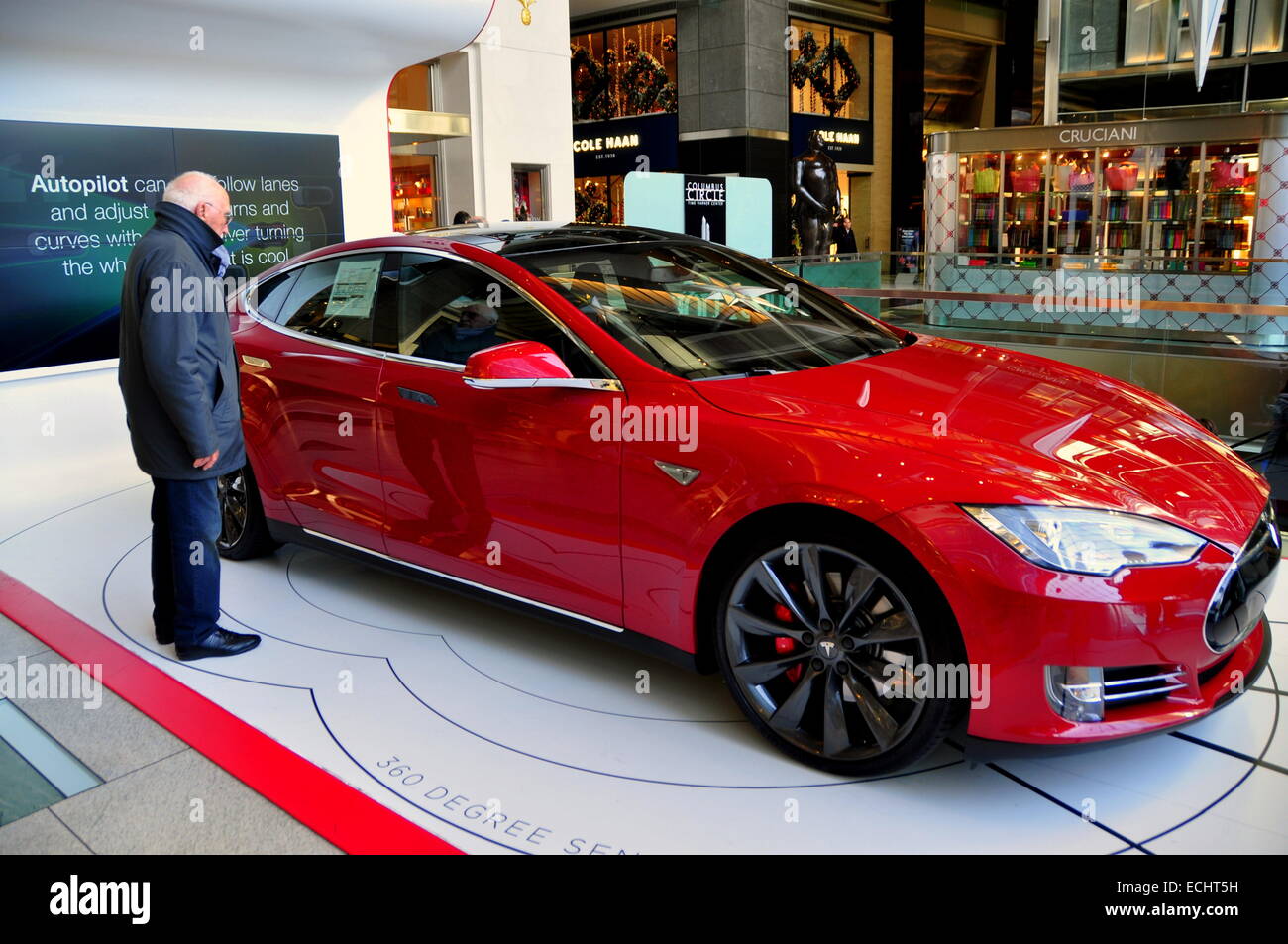 NYC: A bright red Tesla battery-powered automobile attracts attention ...