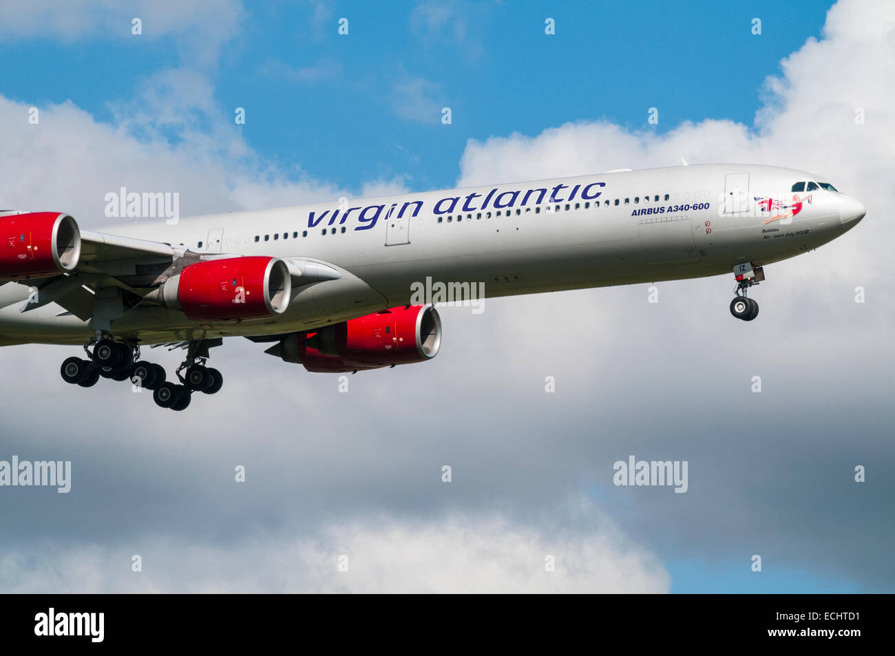 Side view of the front of a Virgin Atlantic Airbus A340 aeroplane Stock ...
