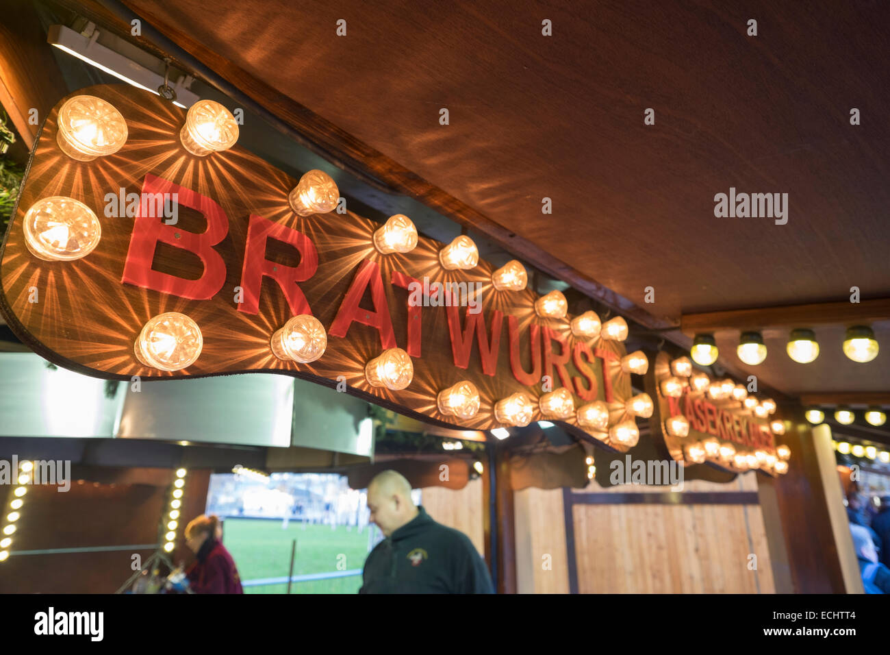 Bratwurst sign above a food stall at a Christmas Market Stock Photo - Alamy