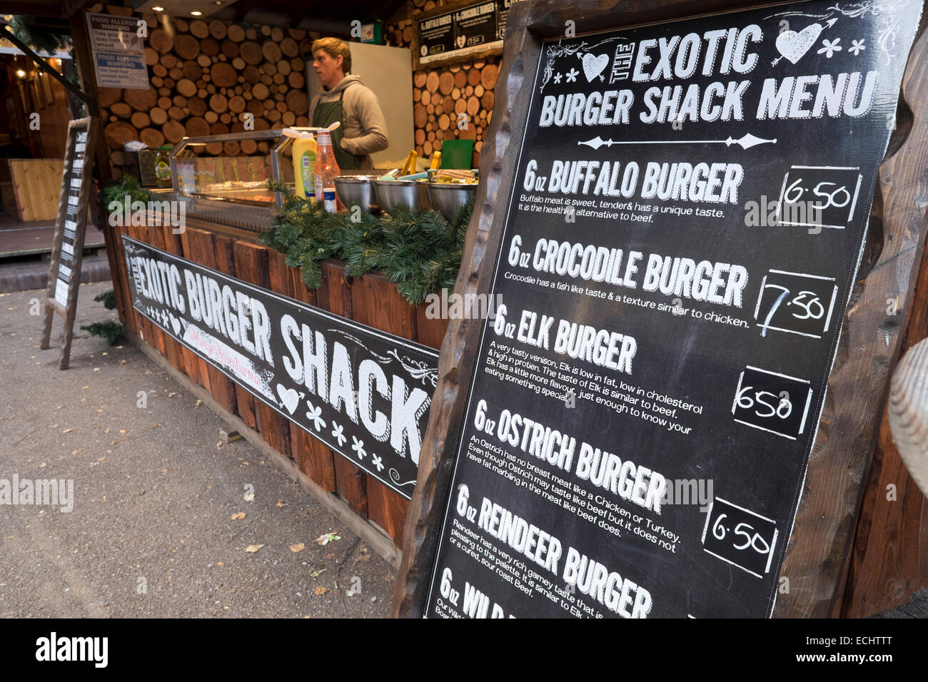 Exotic burger menu at the Christmas Market in the Tate Modern Gallery ...