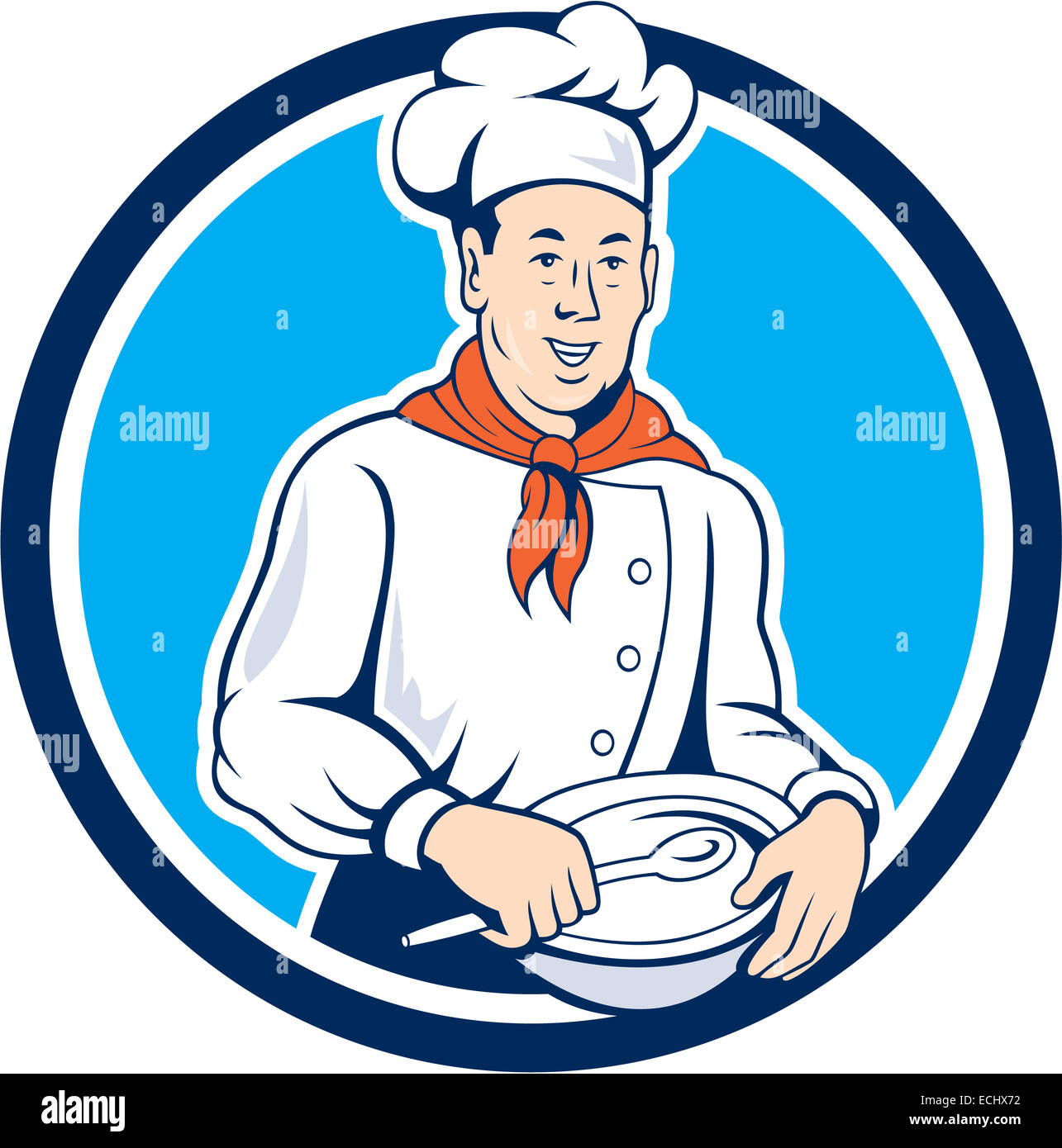 Illustration of a chef cook holding spoon and bowl et inside circle on ...