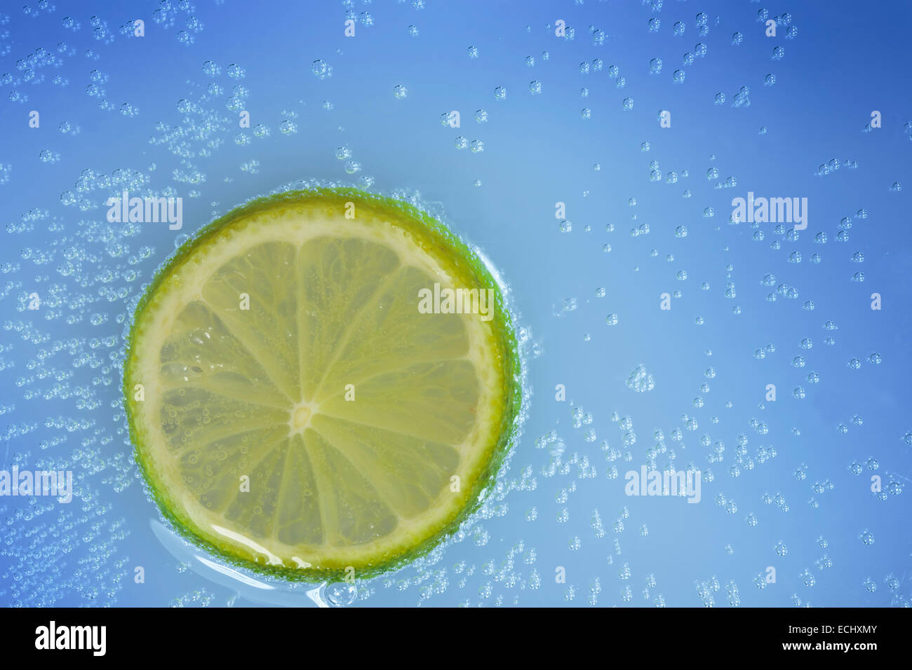 Sliced lemon citrus fruit on blue background with fizzy bubbles Stock ...