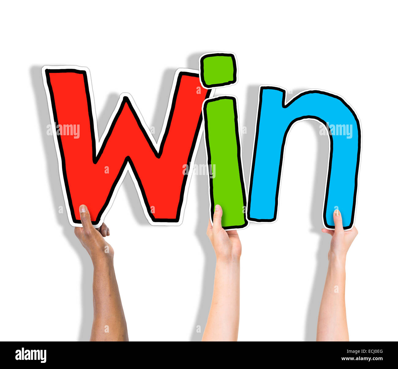 Group of Hands Holding Word Win Stock Photo - Alamy