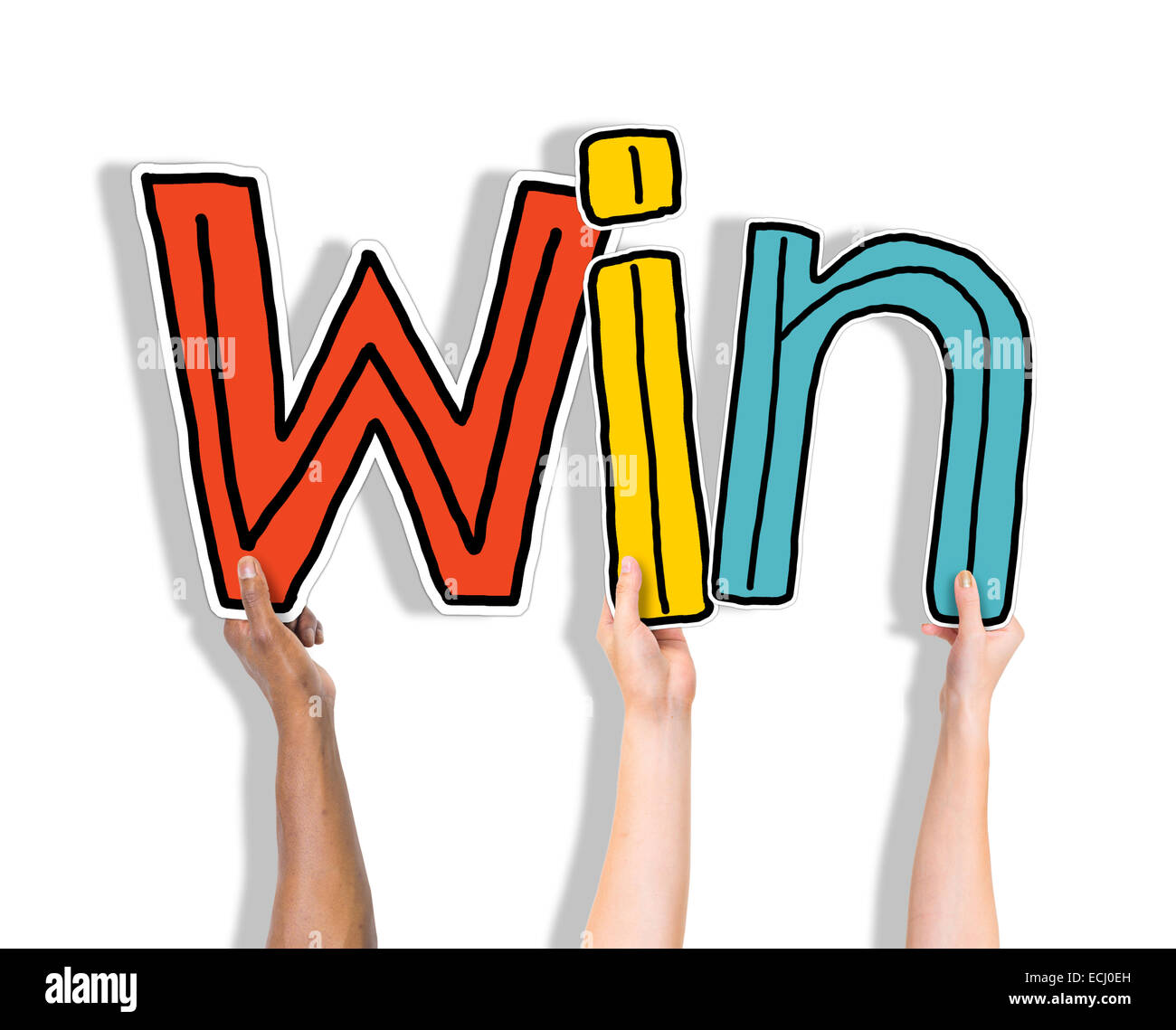 Group of Hands Holding Word Win Stock Photo - Alamy
