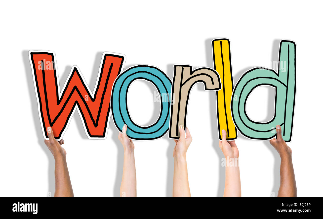 Group of Hands Holding Word World Stock Photo - Alamy