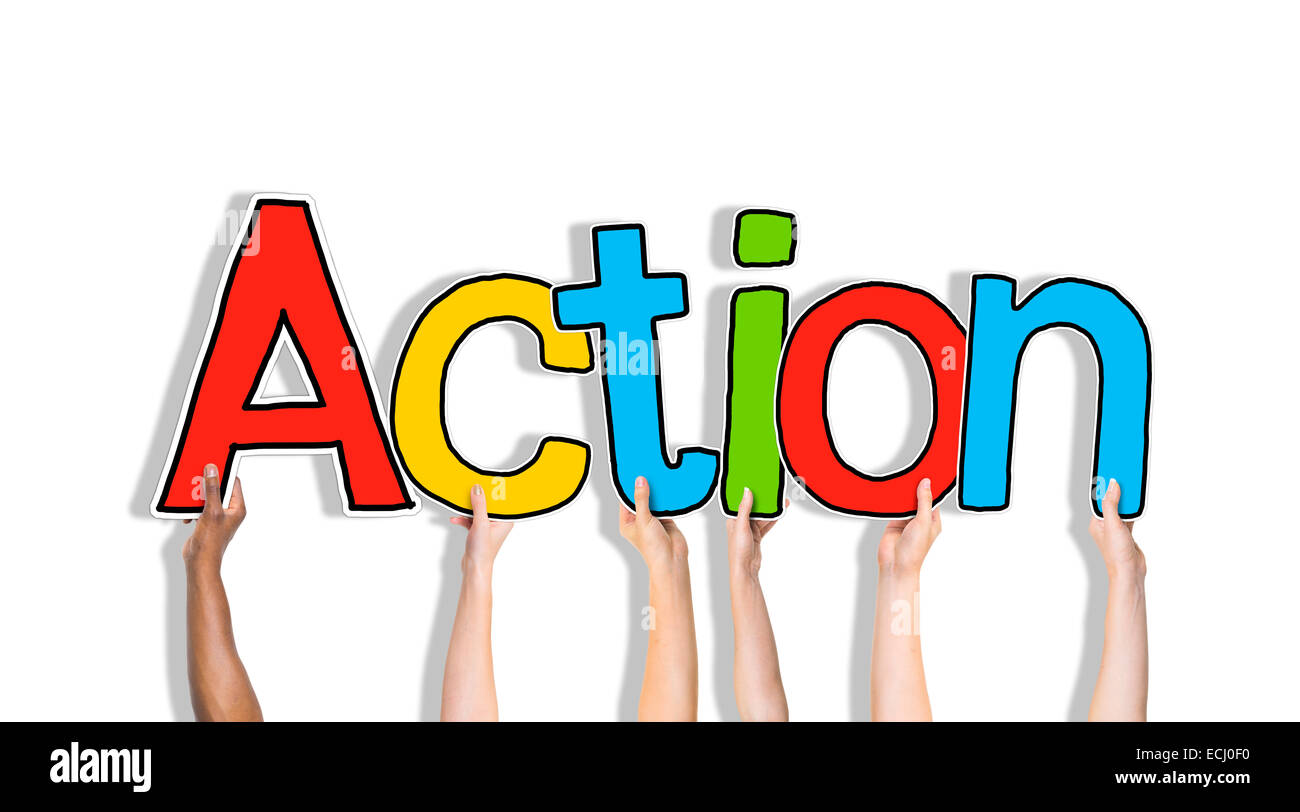 Group of Hands Holding Word Action Stock Photo - Alamy