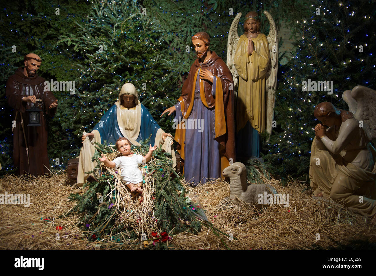 Christmas nativity scene with Mary, Joseph, and the Angel Gabriel ...