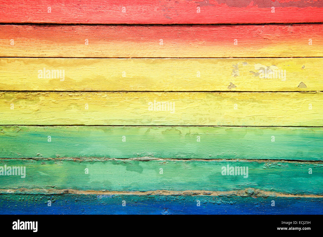Rainbow colors painted on slats of weathered wood in Jericoacoara ...