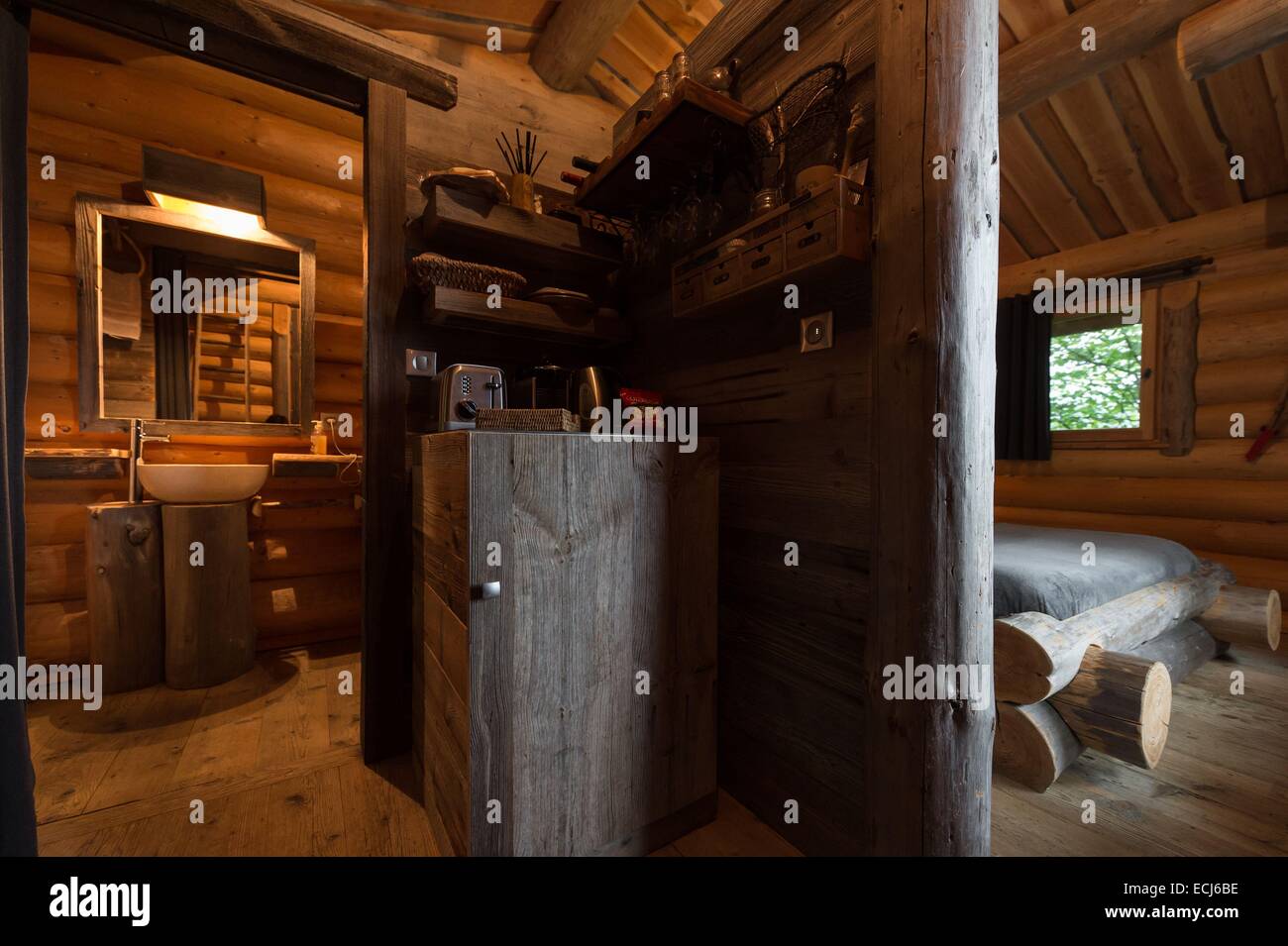 France, Hautes-Pyrenees, Argeles-Gazost, interior of the cabin of ...