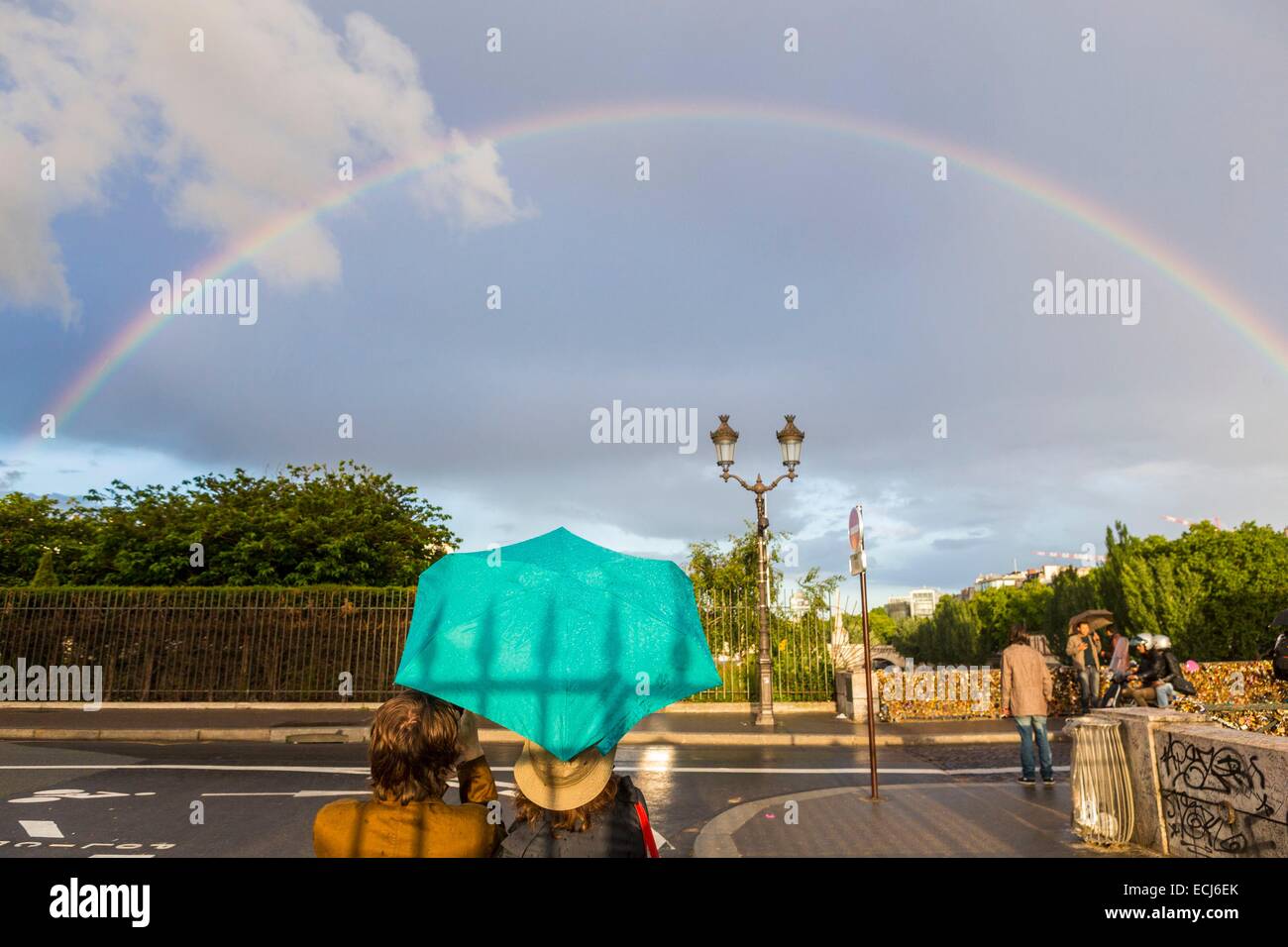France, Paris, area listed as World Heritage by UNESCO, rainbow over ...