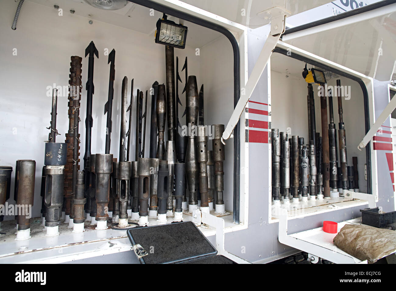 A variety of tools organized in the side of a wireline truck Stock ...