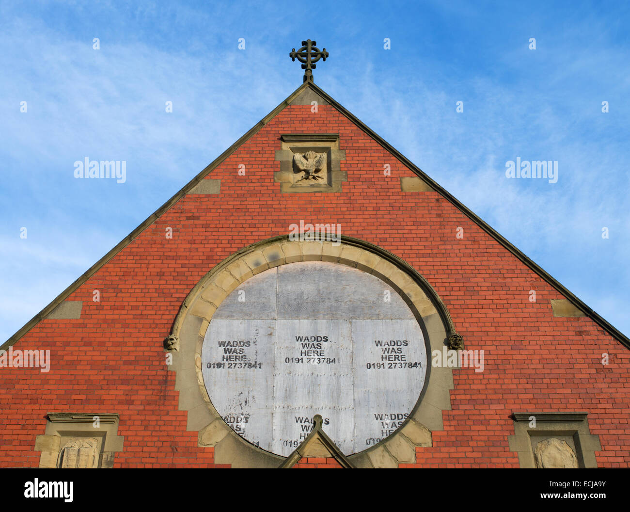 Disused church with boarded up window in Whitley Bay, north east ...