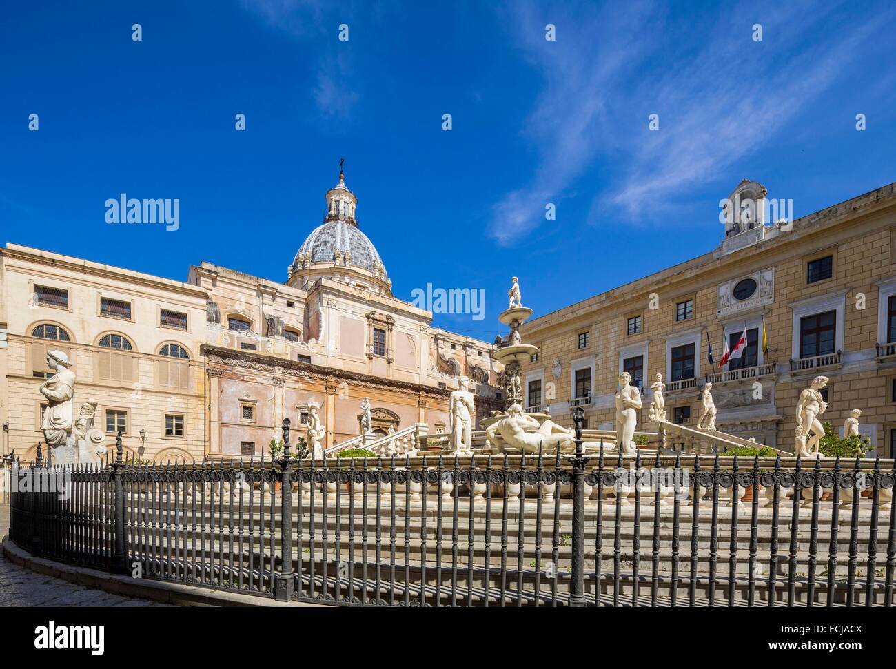 Italy, Sicily, Palermo, Piazza Pretoria lined square with churches and ...